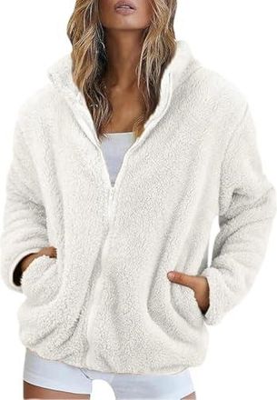 Generic Manteau polaire pour femme - Chaud &agrave; manches longues - Fermeture &eacute;clair - Veste &agrave; capuche ample - Veste polaire pour femme, blanc, XXL