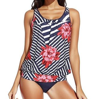 Generic Ensemble tankini 2 pi&egrave;ces pour femme avec short gainant - Maillot de bain basique taille haute imprim&eacute; - Maillot de bain vintage pour piscine, bleu ma