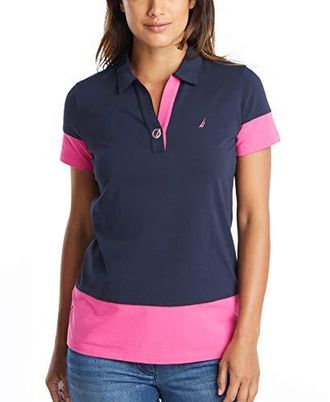 Nautica Toggle Accent Polo à Manches Courtes en Coton Extensible Doux, Bleu Marine, S Femme