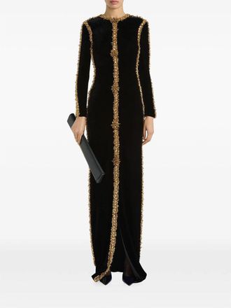 Balmain Beaded Embroidered Trim Evening Dress - Black