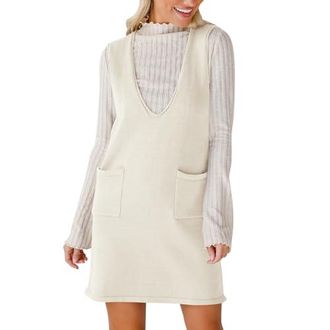 Generic Robe chandail courte en tricot sans manches avec poches et col en V pour femme, robe d&eacute;t&eacute; boh&egrave;me, robe ample pour les vacances, les essentiels de vaca
