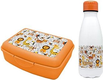 Nerthus Kitchenware FIH 1006 Set Doppelwandige Flasche aus Edelstahl + Lunchbox L&ouml;wen
