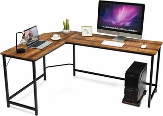 Costway Computertisch mit CKunstleder-St&auml;nder auf Rollen, L-f&ouml;rmig, Metallrahmen und holz, 168 x 125 x 74 cm Kaffee - Costway