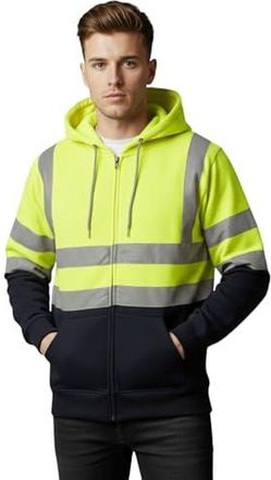 Janisramone Homme Veste Haute Visibilité, Patch de Contraste Pull Over Sweat Polaire Homme, Sweat Homme Capuche Zippé Veste de Travail Homme Chantier