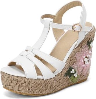 Generic Chaussures compensées à Plateforme pour Femmes, Bout Ouvert, Bride en T, Boucle, Talon Haut, Creuses, habillées et Confortables,Blanc,44 EU