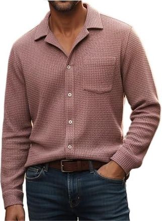 Generic Chemise gaufrée boutonnée décontractée à manches longues et poches à rabat pour homme, rose, 3XL