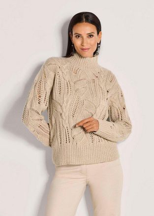Madeleine Strickpullover Eleganter Wollpullover mit Zopfmuster Ajourpullover mit Stehkragen und langen &Auml;rmeln