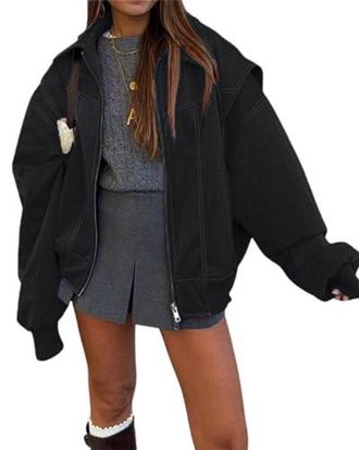 Generic Veste bomber surdimensionn&eacute;e en cuir patchwork vintage avec fermeture &eacute;clair pour femme, Noir, XL