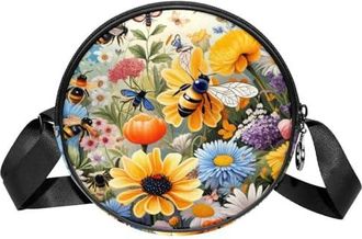 Generic Sac &agrave; bandouli&egrave;re rond pour femme, motif abeille, petit sac &agrave; bandouli&egrave;re avec fermeture &eacute;clair, bretelles r&eacute;glables, sac &agrave; main rond d&eacute;contract&eacute; pour