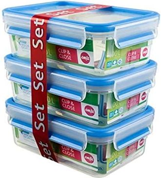 Emsa CLIP&CLOSE Lot 3 boîtes de conservation en plastique rectangulaires, 1L, 100% hermétique et hygiénique, Garantie 30 ans, 508558, Transparent/Bleu