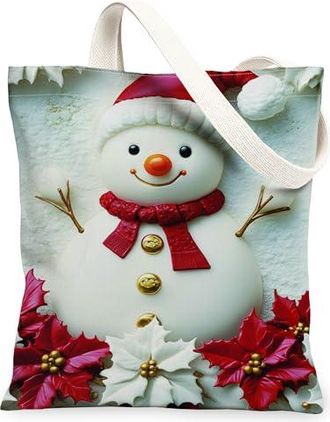 Generic Sacs fourre-tout en toile motif bonhomme de neige de No&euml;l, sacs d&eacute;picerie r&eacute;utilisables, vintage, l&eacute;gers, lavables avec bandouli&egrave;re, blanc, 13x15 Inch