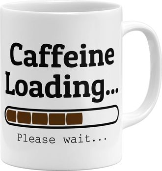 OM3 Caffeine Loading Kaffee Statement Tasse mit Spruch - Keramik Becher - 11oz 325ml - Beidseitig Bedruckt - Weiss