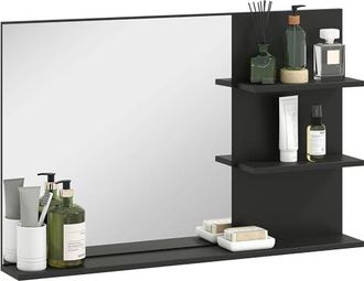 Kleankin Miroir de Salle de Bain Moderne avec 2 étagères latérales et Une étagère inférieure, Miroir Mural en MDF et Verre, 75x10x48 cm, Noir