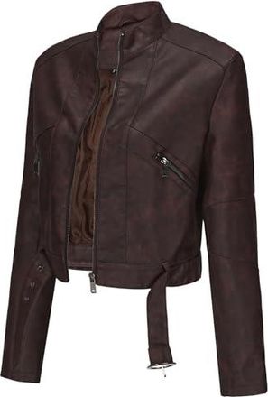 Generic Veste courte en similicuir pour femme - Style d&eacute;contract&eacute; - Vintage - Fermeture &eacute;clair - Col montant - L&eacute;ger, rouge/marron, XL