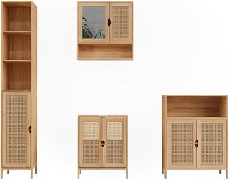 Vicco Badm&ouml;bel-Set Bambus Liora, bestehend aus Badspiegelschrank, Waschbeckenunterschrank, Midischrank, Hochschrank - Viel Stauraum Oben und unten