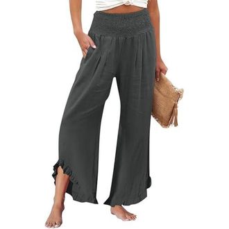 Generic Pantalon d&eacute;t&eacute; en lin pour femme - Long et a&eacute;r&eacute; - Jambes larges - Pantalon en lin - Taille haute irr&eacute;guli&egrave;re - Pantalon de loisirs ample et confortable