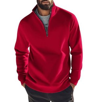 Generic Sweat-shirt &agrave; fermeture &eacute;clair 1/4 pour homme - Polaire d&eacute;contract&eacute;e &agrave; manches longues Streetwear quotidien vacances, Rouge, S