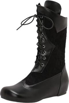 Generic Bottes mi-mollet pour femme - Talon plat - Style d&eacute;contract&eacute; - Style r&eacute;tro - Confortable - &Agrave; lacets - Avec augmentation interne, Noir, 36.5 EU