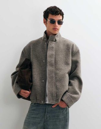 Asos Bomberjacke aus Boucl&eacute;-Wollmix mit Stehkragen in Grau