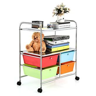 Giantex Chariot de Rangement &agrave; Roulettes 4 Tiroirs Amovibles, Chariot de Service avec &Eacute;tag&egrave;res Ouvertes, Structure en M&eacute;tal, Organisateur de Rangement pour Bu