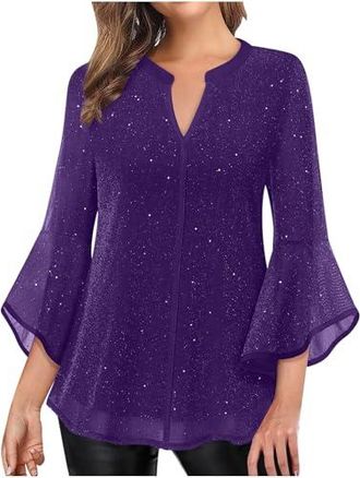 Generic Chemisier Paillettes Femme Soir&eacute;E Manche 3/4 Soiree Col V Blouse Haut &eacute;L&eacute;Gant Shirt Brillante Bal Danse F&ecirc;Te Tunique Disco Sequins Casual T-Shirt Ampl