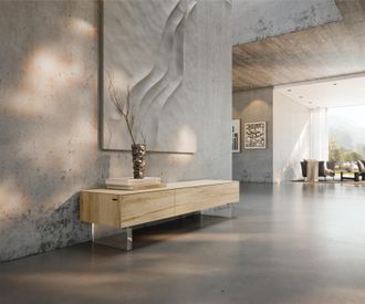 DELIFE Lowboard Cuor 150 cm Keramik Laminam Sabbia Eichefarbig 1 Klappe 1 Schubfach Fu&szlig; Schwebeoptik Acrylglas, Lowboards