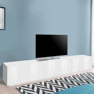 Dmora TV-Schrank Lucas, niedriges Wohnzimmer-Sideboard, Fernsehst&auml;nder-Basis, 100 % Made in Italy, 244 x 44 x 46 cm, gl&auml;nzendes Wei&szlig;
