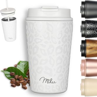 Milu Thermobecher 400ml - 100% Auslaufsicher - Edelstahl Kaffeebecher to go isoliert mit Strohhalm hält 10h heiß / 20h kalt, BPA-frei (White Leopard, 400ml
