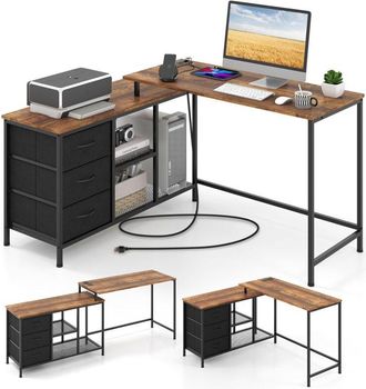 Costway Costway - Bureau dOrdinateur en Forme de l 140 cm, Bureau dangle Convertible avec Multiprise 2 Prises et 2 usb, 3 Tiroirs en Tissu et &Eacute;tag&egrave;res de