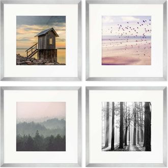 Photolini Bilderrahmen 30x30 Silber MDF-Holz, 4er Set Poster-Rahmen mit Passepartout, bruchsicheres Acrylglas, zum Aufhängen, extra Zubehör - für Fotos & Poster