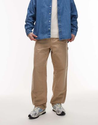 Carhartt Work in Progress Jean droit d&eacute;contract&eacute; &agrave; genoux renforc&eacute;s - Beige d&eacute;lav&eacute;-Neutre