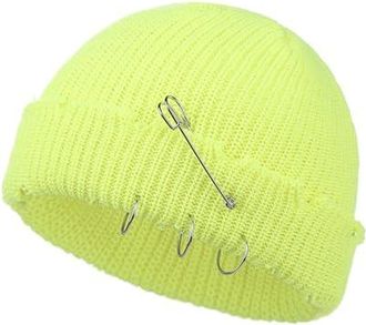 Generic Bonnet tricot&eacute; avec d&eacute;coration et &eacute;pingle unisexe c&ocirc;tel&eacute; doux unisexe pour homme et femme, bonnet dhiver en tricot doux et chaud, 01-Vert fluo, taille