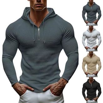 Generic Pull à capuche pour homme, coupe ajustée, sweat à capuche de sport extensible, fermeture éclair 1/4, cordon de serrage, pulls athlétiques, à séchage r