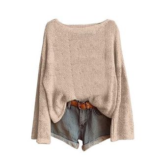 Generic Pull pour femme - Coupe ample - Col rond - &Eacute;l&eacute;gant - Tricot surdimensionn&eacute; - Couleur unie - Manches longues - Confortable - Doux et chaud - Pour lauto