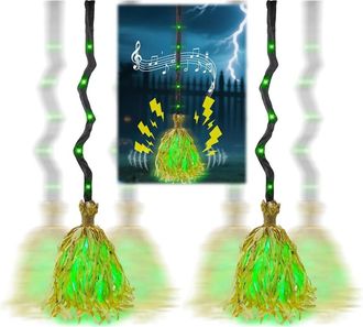 Generic Hexenbesen Halloween Dekoration - Schwebender Hexenbesen mit Bewegung, Gruselgeräuschen und Grünen LED-Lichtern, Animierter Hexenbesen für Party und K