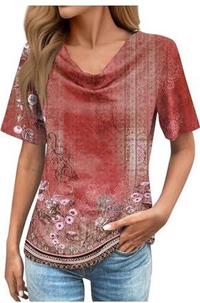 Generic T-shirt femme &agrave; manches courtes imprim&eacute; &eacute;l&eacute;gant d&eacute;contract&eacute; T-shirts tunique, rouge, XXL