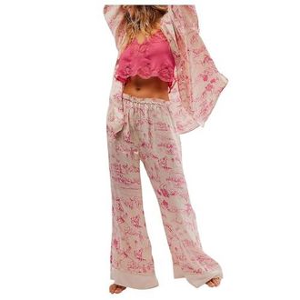 Generic Ensemble de pyjama en soie color&eacute; pour femme, grande taille, haut &eacute;l&eacute;gant &agrave; boutons avec pantalon surdimensionn&eacute;, l&eacute;ger et confortable, v&ecirc;tement de nu