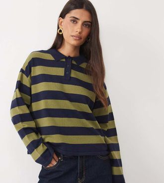 the frolic exklusives gestricktes Rugbyshirt mit langem Arm und Kragen in Gr&uuml;n und Marineblau gestreift-Multi