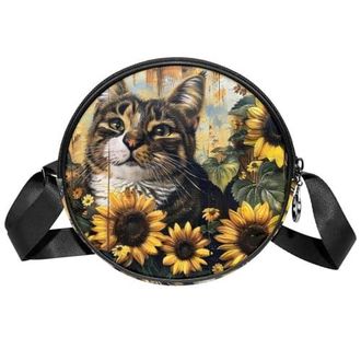 Generic Petit sac &agrave; bandouli&egrave;re rond pour femme, motif chat tournesol avec fermeture &eacute;clair, bretelles r&eacute;glables, sac &agrave; main rond d&eacute;contract&eacute; pour femmes et f