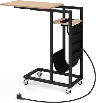 Giantex C-förmiger Seitentisch mit Rädern und Ladestation, kompakter Tisch mit 2 AC-Ausgängen und 2 USB-Anschlüssen, einziehbare Platte, Seitentasche, Univers
