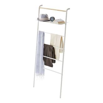 Yamazaki Tableware 3871 Tower Leaning Ladder Hanger with Shelf, White, Steel/Wood, 66 x 30~38 x 160 cm
