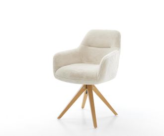 DELIFE Drehstuhl Pejo-Flex Pl&uuml;sch Creme-Wei&szlig; Holzgestell kantig Natur 180&deg; drehbar Taschenfederkern, Esszimmerst&uuml;hle