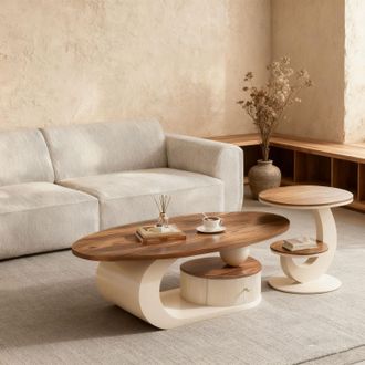 Generic Couchtisch 2-Teilig Couchtisch im Landhausstil Freistehender Wohnzimmertisch mit gro&szlig;er Ablagefl&auml;che Ovaler Sofatisch Einfache Montage for Wohnung/Hau