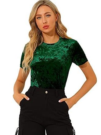 Allegra K T-Shirt en Velours Femme Haut Décontracté à Manches Courtes et Col Rond Pull Vert L