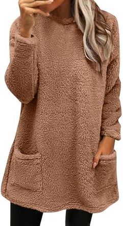 Generic Pull en polaire &agrave; col rond pour femme - Chandail surdimensionn&eacute; en peluche long pour femme - Pull l&eacute;ger pour lautomne et lhiver - Pull en tricot chaud