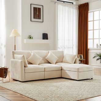 Merax Modernes Design, Chenille-Stoffsofa, Dreisitzer-Sofa, Viersitzer-Sofa, L-f&ouml;rmiges Ecksofa mit Fu&szlig;hocker, geeignet f&uuml;r Wohnungen, Video verf&uuml;gbar