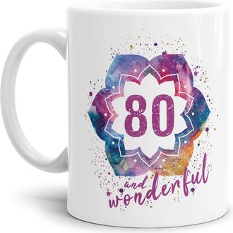 Tassendruck Geburtstags-Tasse 80 and Wonderful Geburtstags-Geschenk zum 80. Geburtstag als Geschenkidee für die Frau/Abstrakt/Bunt/Kaffeetasse/Weiss