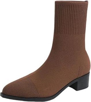 Generic Bottines courtes en tricot extensible pour femme - &Eacute;l&eacute;gantes - Couleur unie - Bout pointu - Respirantes - Talon &eacute;pais - Confortables - &Agrave; enfiler - Sty