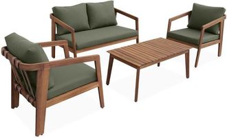 Sweeek Salon de jardin kaki fonc&eacute; 4 places LOBERIA. bois dacacia dossier avec lani&egrave;res effet cuir