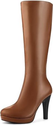 Allegra K Bottes à plateforme à talons épais et bout rond pour femmes brun 38.5